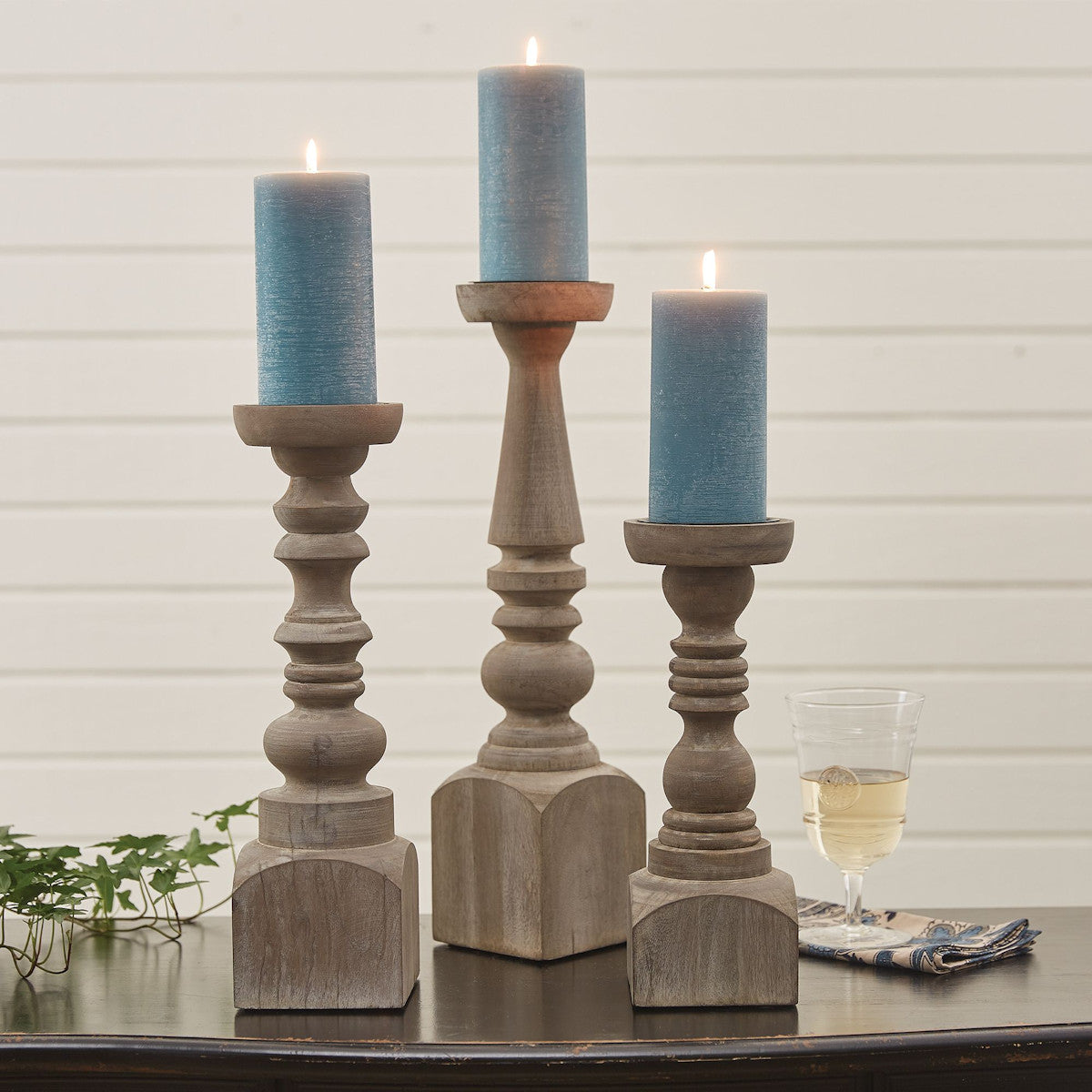 Brighton Wooden Candlesticks Gray